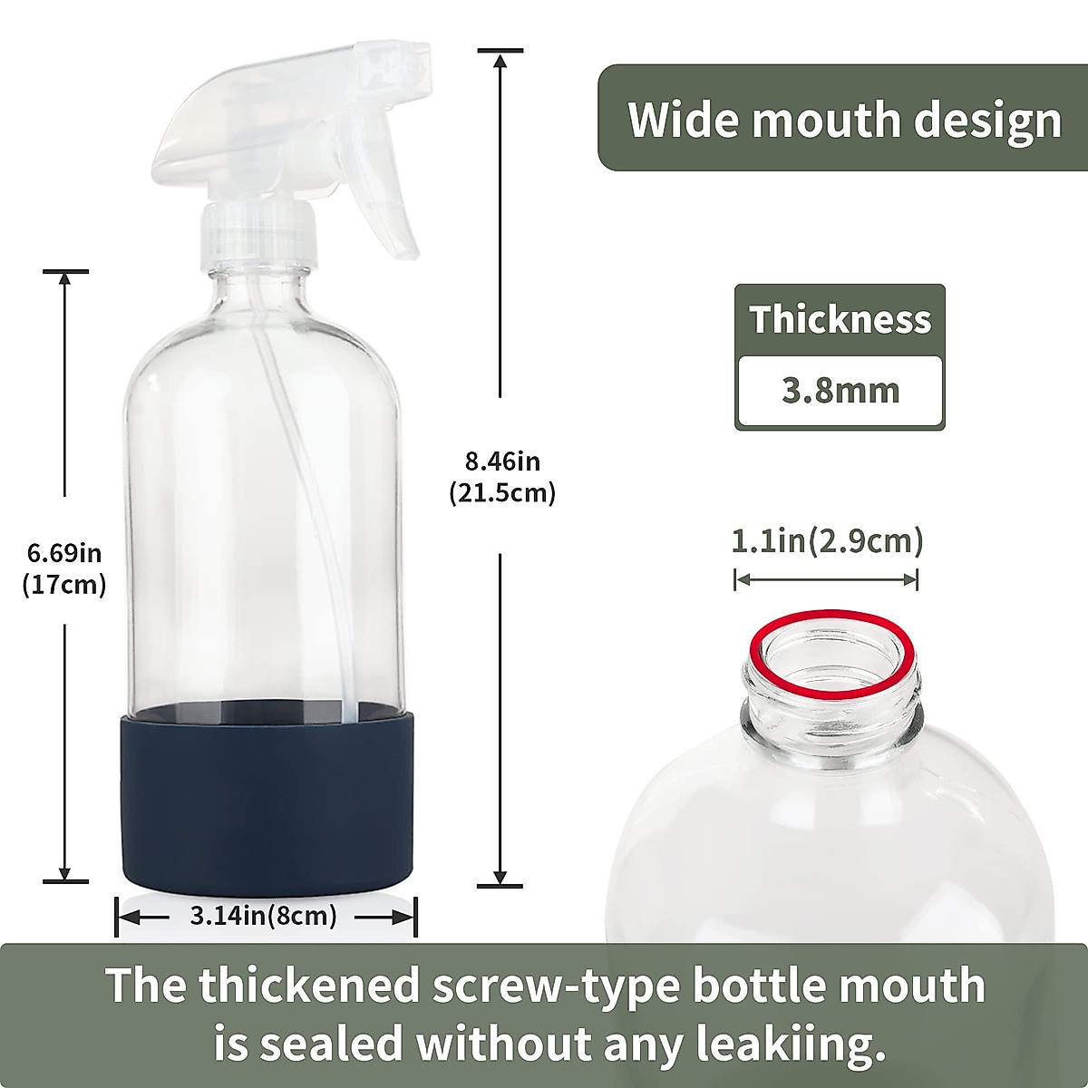 HOMBYS 16 Oz Clear Glass Spray Bottles with Silicone Sleeve,Empty Boston Bottle Spray Bottle with Adjustable Nozzle,Refillable Container for Cleaning, Essential Oils, Hair, Plants