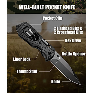 GODCRAE Gifts for Men Dad, Pocket Multitool Knife with 1/4-Inch Hex Drive, 2 Flathead Bits 2 Crosshead Bits Whetstone Unique Gifts for Christma Birthday Valentines Day Fathers Day