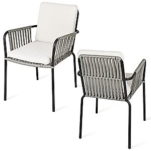 YITAHOME Outdoor Dining Chair Set of 2, All-Weather Rope & Rattan Woven Chairs, Indoor-Outdoor Armchair Seating for Patio, Backyard, Poolside, Balcony - Grey Rattan & Beige Cushion