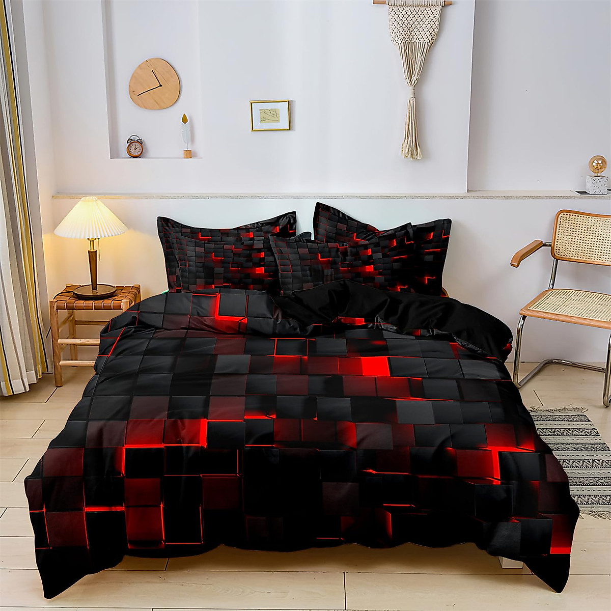 ZIRANSHU King Size Quilt Cover, Red and Black Grid Printed Quilt Personalized Geometric Square Grid Bedding Set for Adult Kids Boys Girls Comforter Duvet Cover Set (1 Duvet Cover + 2 Pillowcase)