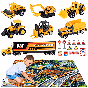 OENUX Construction Toys Trucks & Play Mat, Carrier Truck with Diecast Alloy Excavator,Tractor,Dump Truck,Road Roller,Bulldozer,Forklift,Engineering Toy Vehicles with Road Signs for Kids Boys Girls