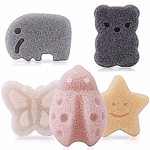 KECUCO Konjac Baby Sponge for Bathing, Natural Kids Bath Sponges for Infants, Toddler Bath Time, Cute Shapes Natural and Safe Plant-Based Konjac Baby Bath Accessories, 5pcs