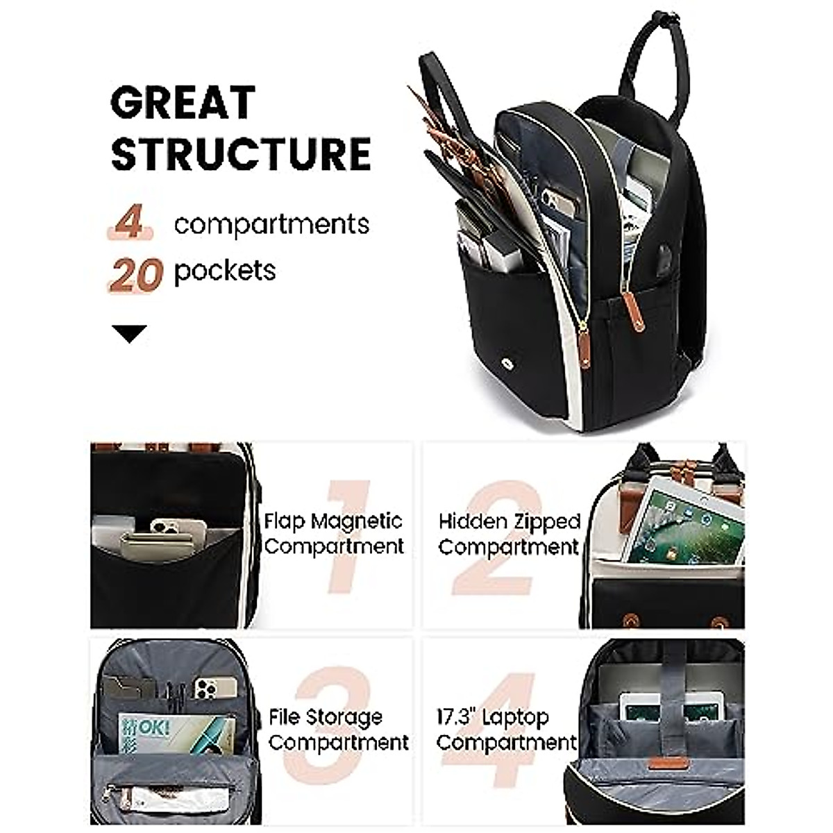 LOVEVOOK Laptop Backpack Women,17.3 Inch Fashion College Backpack with USB Charging Port,Teacher Nurse Work Travel Computer Bag Purse Business Commuter Backpack