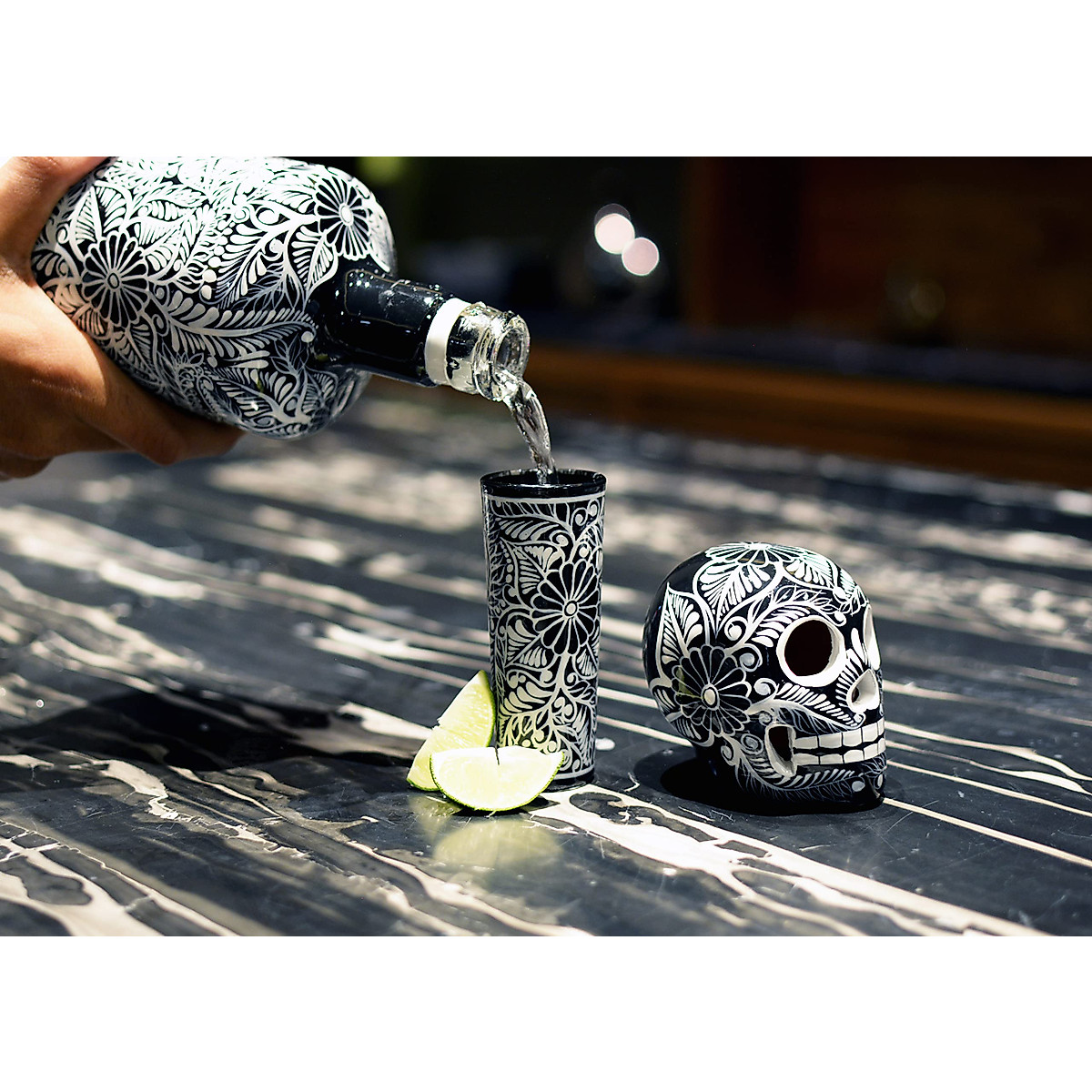 Tequila Decanter Set, Liquor Decanter with Shot Glasses and Mexican Sombrero, Hand-painted Decanter, Skull Decanter, Bar Decoration, Unique Tequila Gift, Gift For Dad, (Black Decanter Set)