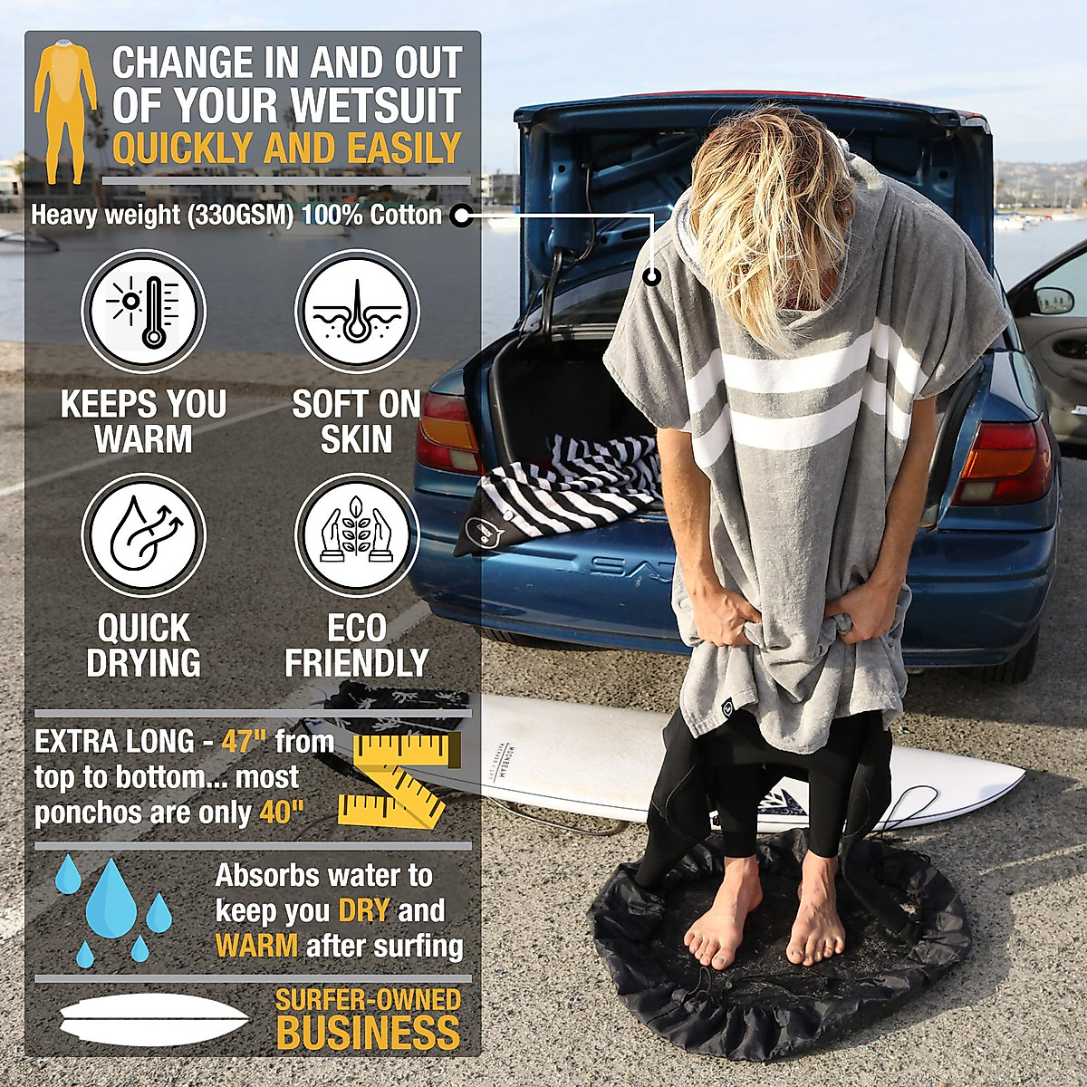 Ho Stevie! Surf Poncho - Warm and Soft - Easily Change In/Out of Wetsuit without Towel Falling Down