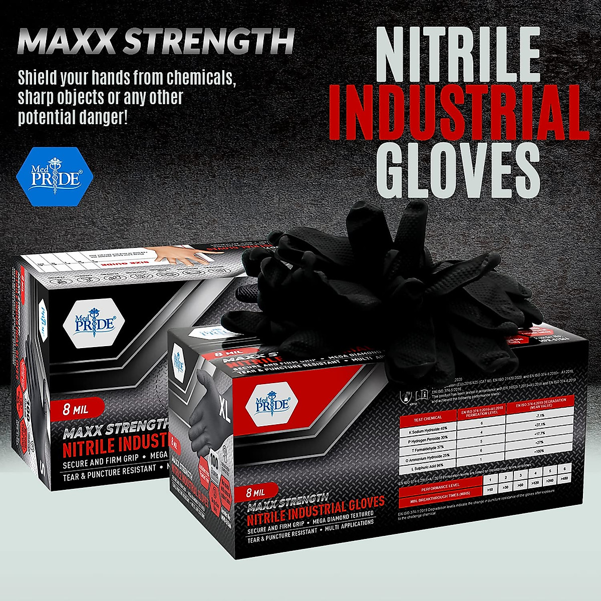 MED PRIDE Maxx Strength Nitrile Industrial 8 Mil Thick 100 Gloves/XX-Large - Diamond Texture Disposable Safety- Heavy-Duty, Tear-Resistant Mechanic Automotive Food Handling Gloves- Black