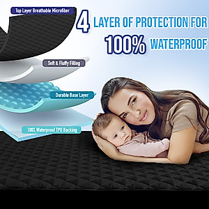HYLEORY Queen Size Waterproof Mattress Pad Protector, Breathable Quilted Mattress Cover Noiseless Waterproof Fitted Sheet Mattress Topper Upto 21" Deep Pocket, Black