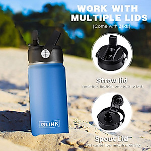 GLINK 12oz Kids Stainless Steel Water Bottle with Straw, Wide Mouth Double Wall Vacuum Insulated Water Bottle Leakproof for Toddler, Straw Lid and Spout Lid with New Rotating Rubber - Sapphire