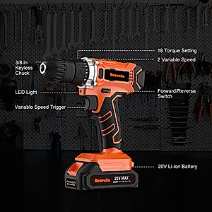 Cordless Drill, Bravolu 21V Cordless Electric Drill Set with 1 x 2Ah Battery, Torque 18 + 2, 310 in-lbs Max, 3/8-Inch Keyless Chuck 1500RPM 2 Variable Speeds and LED light, for Drilling Wood and Metal