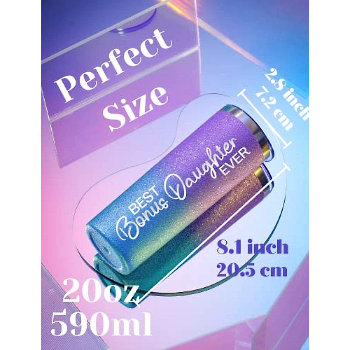 Onebttl Bonus Daughter Gifts, Gifts for Bonus Daughter on Birthday, Christmas or Thanksgiving, 20oz Stainless Steel Travel Mug with Lid and Straw - Best Bonus Daughter Ever Purple Blue