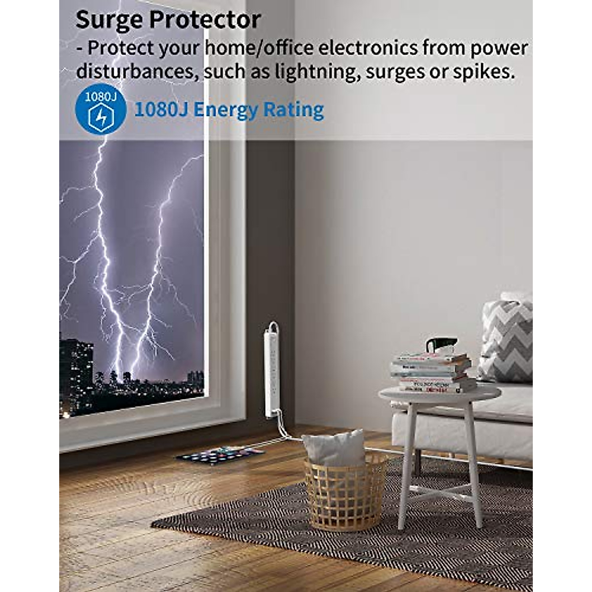 Extension Cord 25 ft, Power Strip Long Cord, NTONPOWER Heavy Duty Surge Protector Power Strip, 6 Outlet 2 USB,1875W / 15A Circuit Breaker, 1080 Joules, Wall Mount for Office Garage Kitchen Workbench