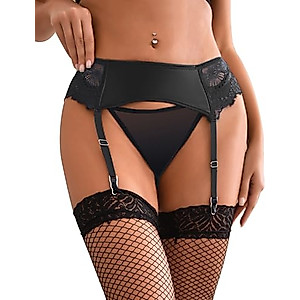 ohyeah Black Floral Lace Garter Belts for Thigh Highs Stockings 4-Strap Metal Clips Mesh Suspender Garter Belt Lingerie XS-S