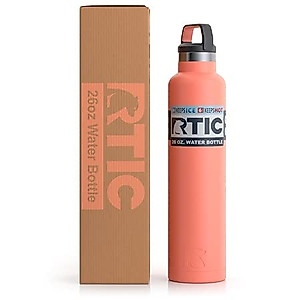 RTIC 26 oz Vacuum Insulated Water Bottle, Stainless Steel Metal, Double Wall, BPA Free, for Hot and Cold Drinks, Coral