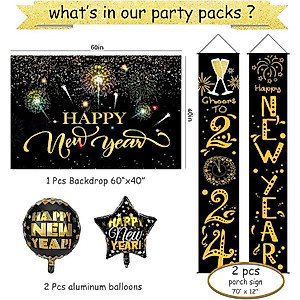 2024 Happy New Year Party Supplies, Foil Balloons Set, Happy New Year Banner, Latex Balloons, Curtains, Paper Pompoms for Home Outdoor Decor New Years Eve Party Supplies 2024, Black and Gold