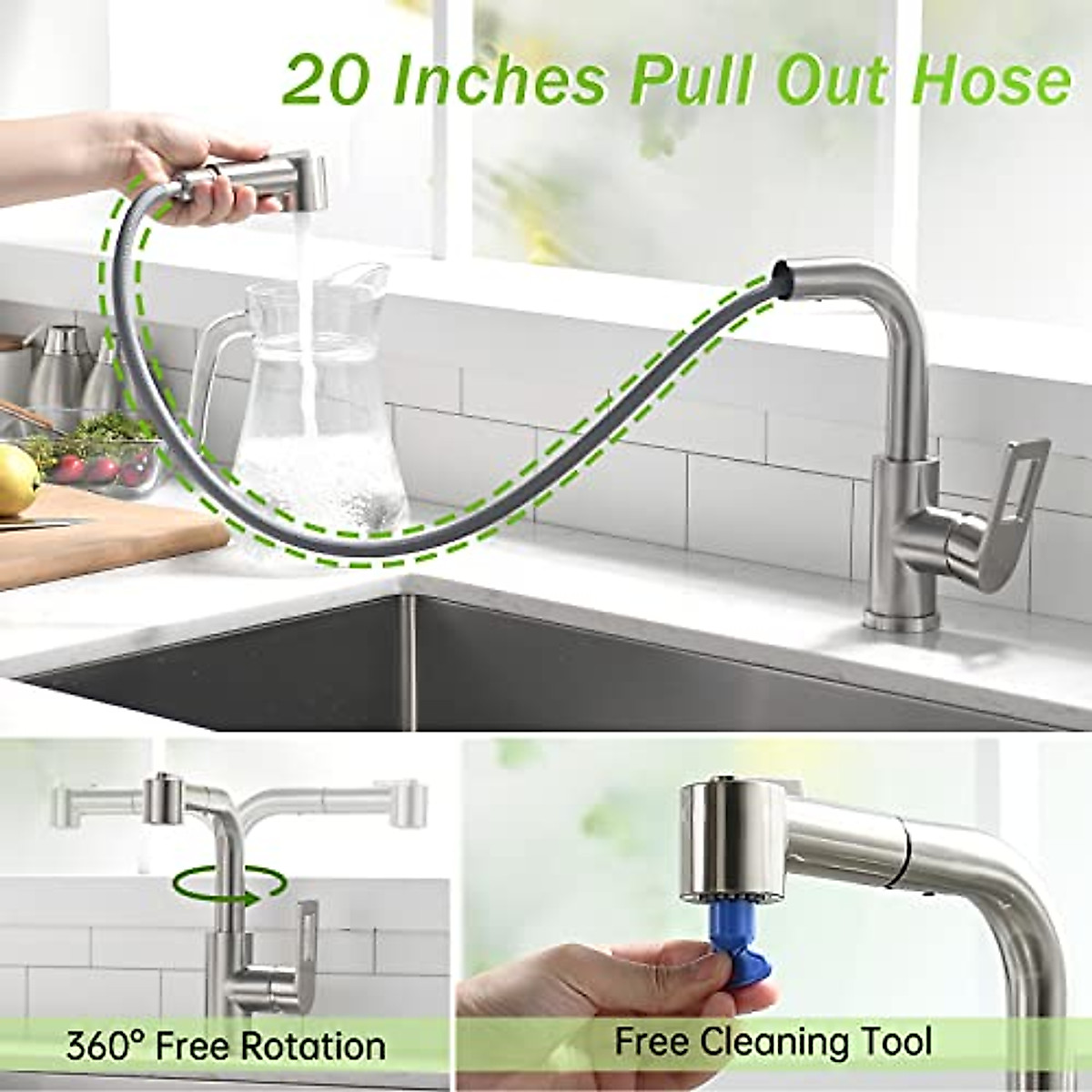 Bar Sink Faucet Brushed Nickel with Pull Out Sprayer, DAYONE Hollow Single Handle Faucets for RV/Kitchen with Deck Plate, DAY-351BN