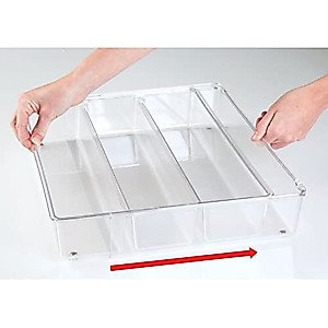 mDesign Plastic Adjustable/Expandable Divided Drawer Storage Organizer with 4 Compartments for Kitchen Pantry, Cupboard, Cabinet, Hold Silverware, Utensils, Cutlery - Ligne Collection - 2 Pack - Clear