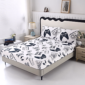 SDIII 3PCS Dark Blue and White Gamer Sheets Twin, 1 Fitted Sheet and 2 Pillowcases, Bed in a Bag Gaming Bedding Sheet, Cute Bed Sheets for Kids Boys and Girls