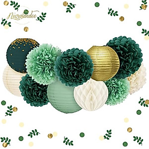NICROLANDEE Wedding Party Decorations - 12PCS Emerald Green Hanging Tissue Pom Poms Gold Foil Dots Paper Lantern Confetti 30G for Rustic Style Bridal Shower Birthday Botanical Baby Shower Decorations