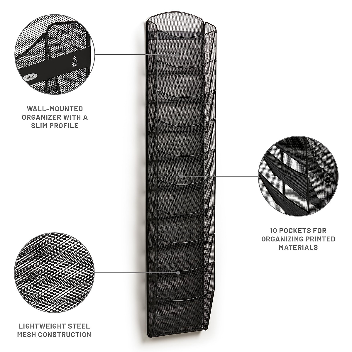 Safco Onyx Mesh Magazine Holder, Display Rack with 10 Pockets, Brochure Organizer, Commercial-Grade Steel Construction, Black