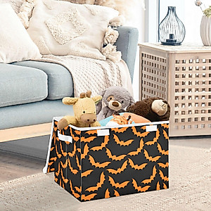 Storage Bins with Lid Orange Bat Halloween Black Toys Fabric Storage Basket Large Collapsible Organizers Bedroom Storage Boxes Cubes and Handles for Clothes Office Shelves
