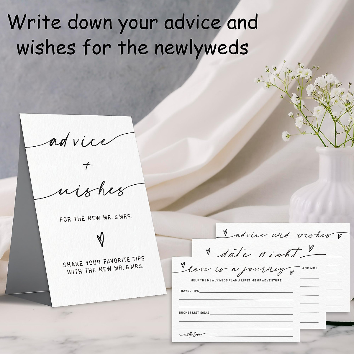 Advice And Wishes Card Set For The New Couples, 1 Standing Sign 15 Advice Cards, 15 Date Night Cards Cards 15 Journey Idea Cards For Bride, Groom, Newlyweds, Wedding Favors & Supplies(White)-C01