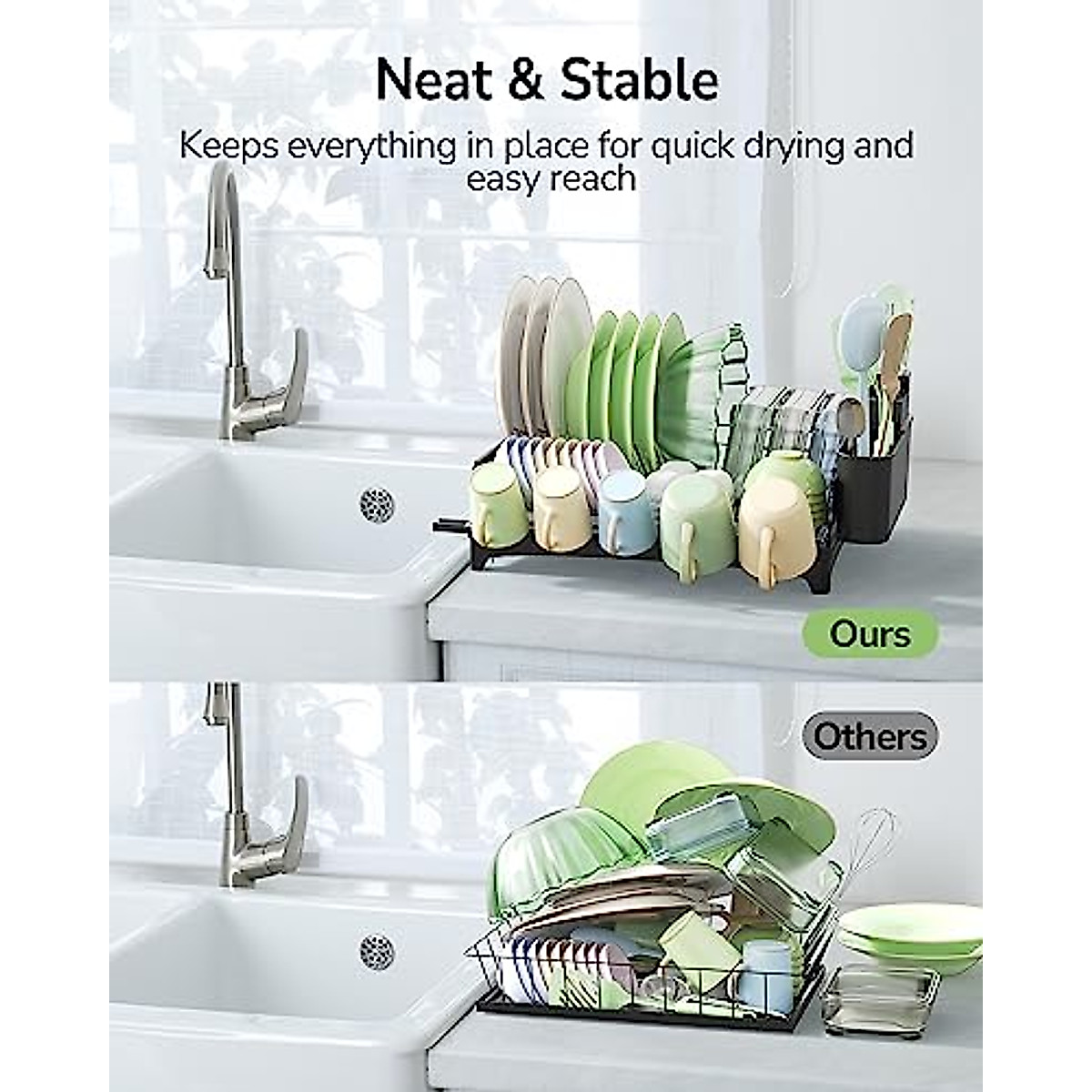 ULG Dish Drying Rack with Drainboard, Countertop Dish Rack, Rustproof Dish Drainer for Kitchen Counter, Draining Rack with Detachable Utensil Holder, Adjustable Swivel Spout Dish Strainers, Black
