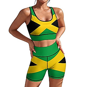 AuHomea Women Yoga Set Jamaica Flag Workout Sport Bra with High Waist Shorts Legging Outfit Tracksuit for Girls 2Pcs Size L