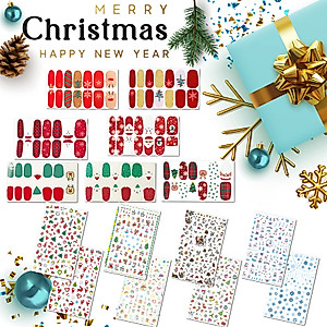 TailaiMei 15 Sheets Christmas Nail Stickers, 7 Sheets Nail Wrap Stickers and 8 Sheets Nail Decals Stickers, Full Wraps Strips and Self-Adhesive Set for DIY Nail Art (1000Pcs)