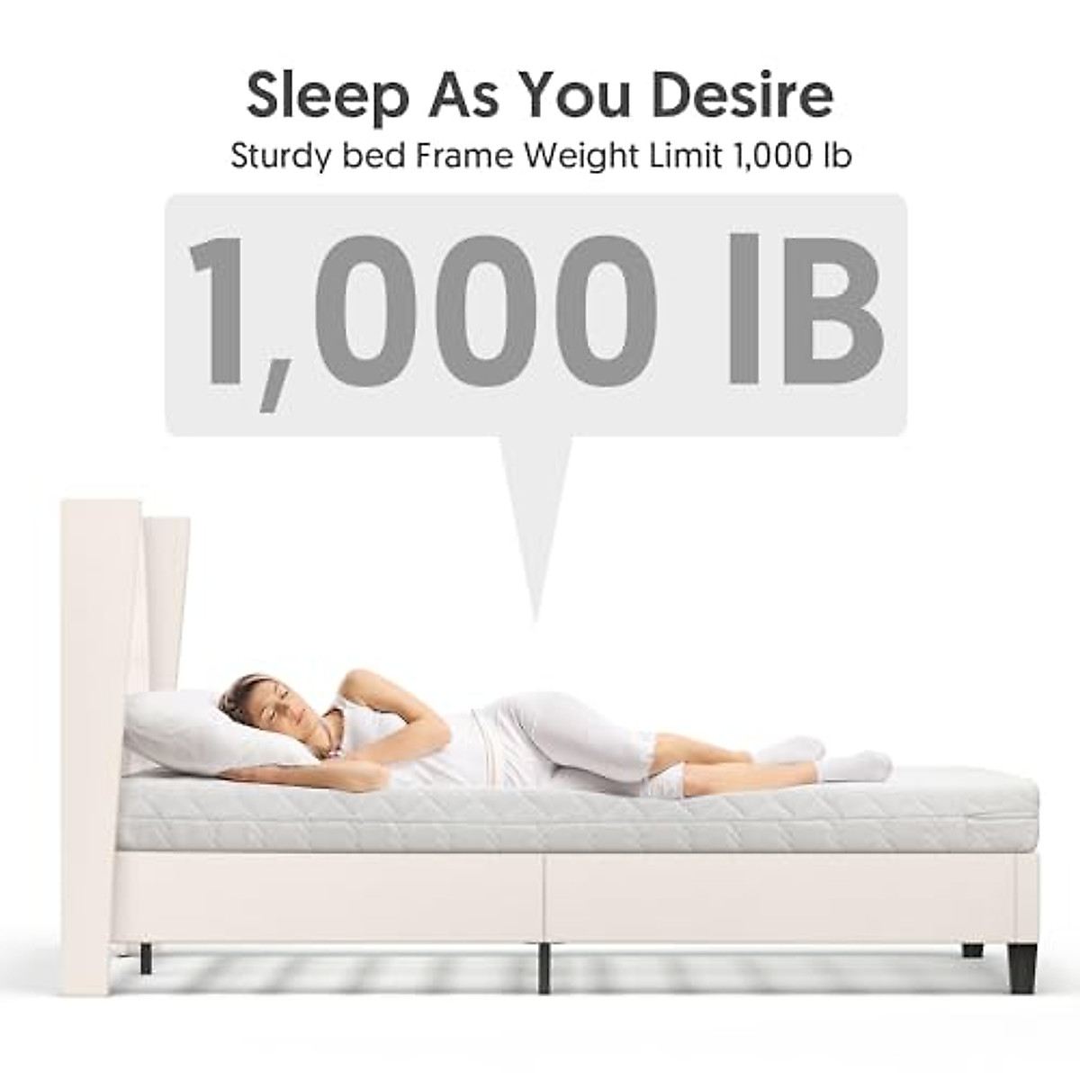 BONSOIR Bed Frame Upholstered Traditional Low Profile Platform with Wing Back Headboard/No Box Spring Needed/No Bed Skirt Needed/Linen Fabric Upholstery/Sand (Cream, Queen Size)