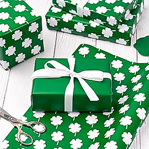 WRAPAHOLIC Reversible Wrapping Paper - Mini Roll - 17 Inch X 33 Feet - St. Patrick Green and White Lucky Clovers Design for Celebration, Baby Shower