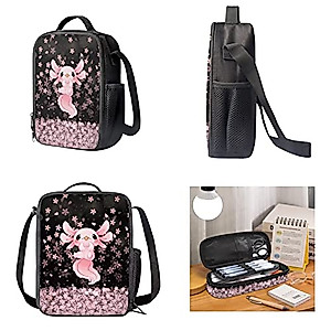 Glomenade Pink Axolotl Sakura School Backpacks Back to School Cherry Blossom Shoulder Bookbags Lightweight Casual Travel Daypack Picnic Bag Portable Schoolbags Pencil Pen Case