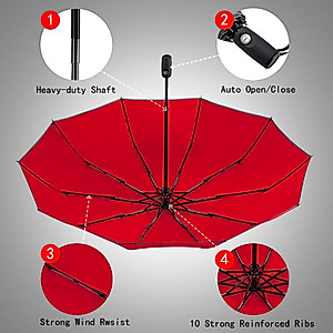 FDJASGY Windproof Travel Umbrella with Teflon Coating Auto Open Close Lightweight Sun&Rain Umbrella with 10 Rib Construction and Reflective Stripe Zipper Pouch