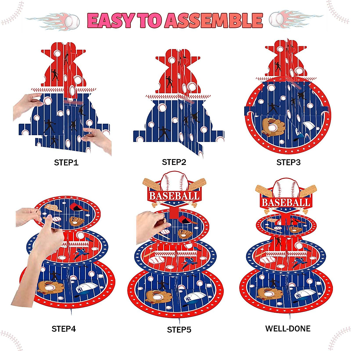 25 PCs Baseball Cupcake Stand 3-Tier and Baseball Cupcake Topper Set, Fiesec Baseball Theme Sports Ball Party Supplies Cardboard Dessert Tower Holder Round Serving Stand Holder