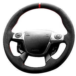 Alfanxi Hand Stitch Alcantara Steering Wheel Cover Compatible with Ford Focus 3 ST C-Max Energi Hybrid Kuga 2012-2016 (Red Stripe)