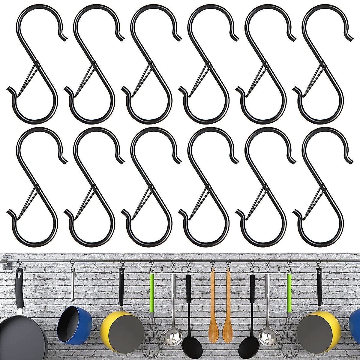 ACXFOND 36PCS S Hooks for Hanging, Black S Hooks with Safety Buckle 3.5 Inch Heavy Duty s Hooks, S Hooks for Hanging Plants, Clothes, Kitchen Utensil, Pots and Pans, Bags
