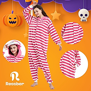 RESSBER Unisex Adult Onesie Pajamas Animal One Piece Halloween Costume Christmas Sleepwear Jumpsuit（Large，Pink Cheshire Cat）