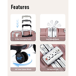 FIGESTIN Carry on Luggage Airline Approved, Aluminum Frame Hard Shell Suitcases with Wheels,100% PC Lightweight, No Zipper Suitcase TSA Approved, 20" Carry-On(Rose Gold)