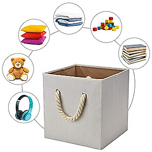 Robuy Set of 4 Beige Foldable Bamboo Fabric Cube Storage Bins with Cotton Rope Handle, Collapsible Resistant Basket Box Organizer for Shelves Size (10.5x10.5 x11 inch)