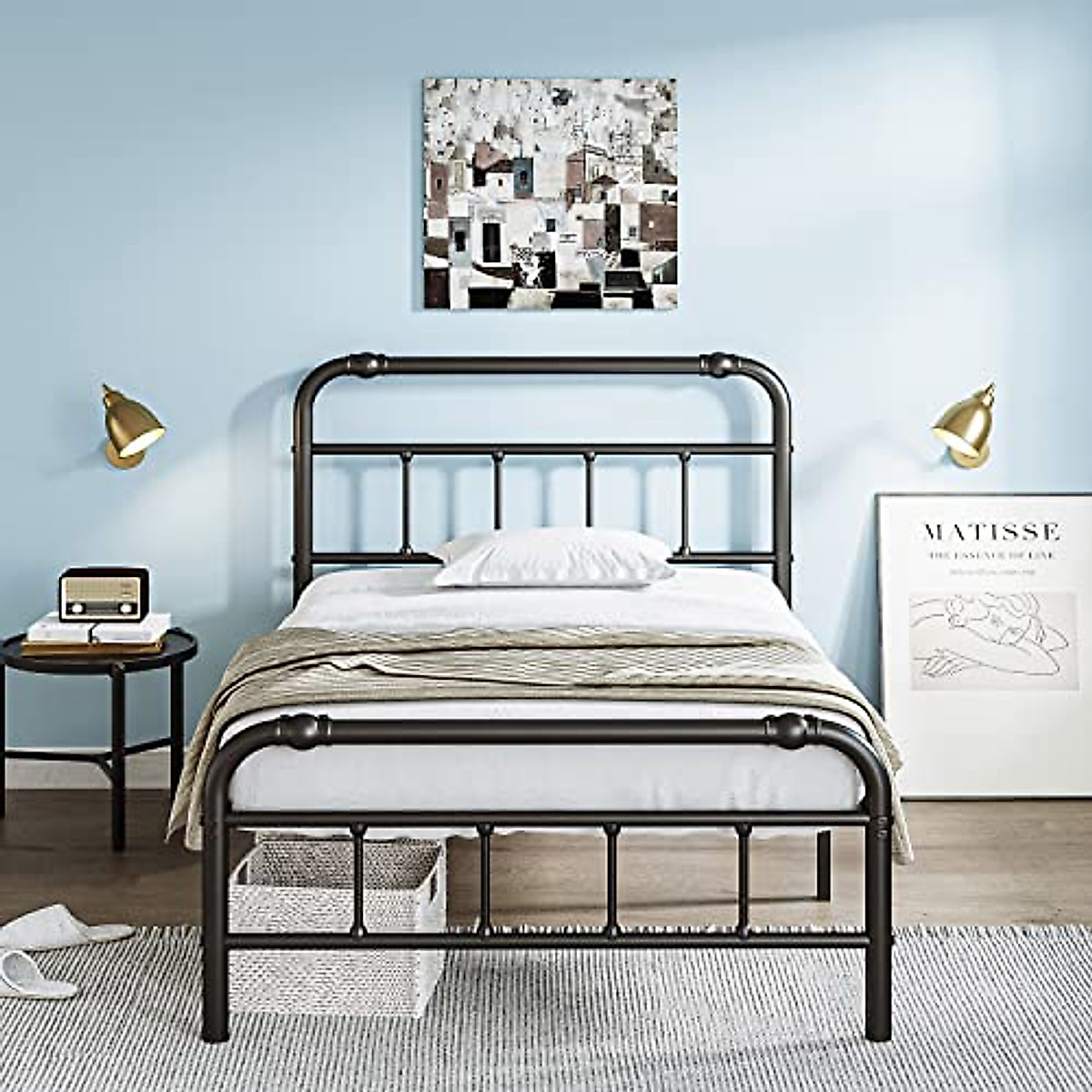 ZIYOO Twin Bed Frame with Headboard and Footboard, 14 Inch High, Heavy Duty Steel Slats with 2500lbs Support for Mattress, No Box Spring Needed, Noise-Free, Easy Assembly-Black