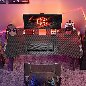 CubiCubi Gaming Desk with LED, 55 Inch Gamer Workstation, Home Computer with Carbon Fiber Surface, Black