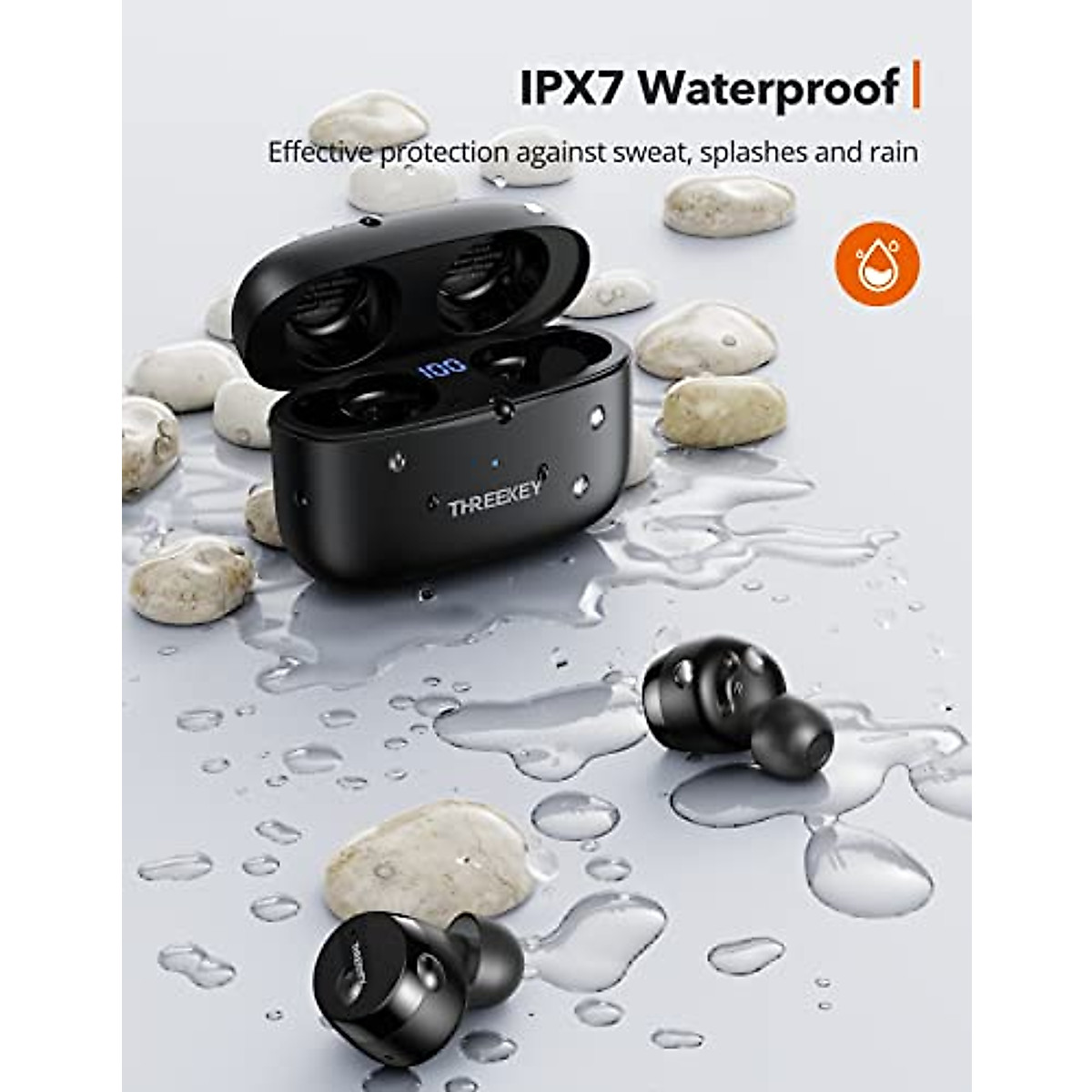 THREEKEY Wireless Bluetooth Earbuds, Wireless Headphones with Led Display, Compatible with Apple & Android, IPX7 Waterproof Stereo Earphones in-Ear Built-in Mic Headset Premium Deep Bass for Sports