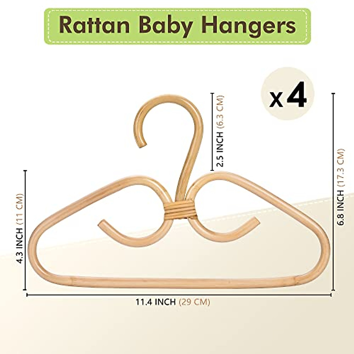 Orangepals Rattan Baby Hangers - Bamboo Clothes Hangers - Rattan Décor - Wooden Baby Hanger - Boho Nursery Décor - Set of 4