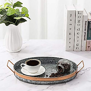 MyGift Rustic Galvanized Metal Decorative Tray with Copper Tone Rim and Handles, 16 Inch Oval Serving Tray - Handcrafted in India