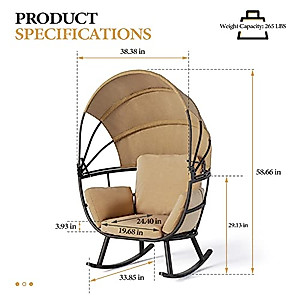 Crestlive Products Patio Egg Chair, Outdoor Indoor Rocking Sofa Chair with Folding Canopy, All Weather Aluminum Lounge Chair w/Cushion & Sun Shade Cover for Living Room, 265lb Capacity (Black & Tan)