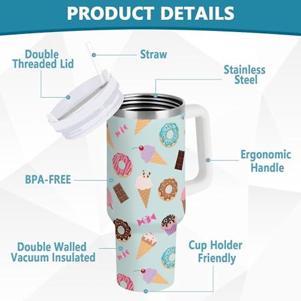 ARGTILDN 40 oz Tumbler Ice Cream Donuts Cupcakes Candy Insulated Travel Mug with Handle and Straw Lid Stainless Steel Vacuum Coffee Cup Tea Beverage Container Water Bottles for Car Sports office