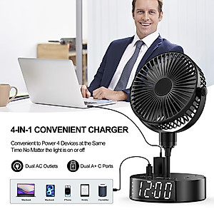 Fereowth Quiet Desk fan,Office Fan with 2 USB Charging Ports，Table Fan with 2 AC Power Outlets ，Bedroom Fan with Timer Alarm.Personal Fan for Home，Strong Wind, Quiet Operation（black gray）