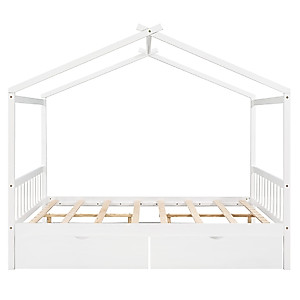 Full Size Bed Frame with Headboard and Footboard, Low House Bed/Full Bed Frame with Storage Drawer, Wood Bed Frame for Kids, Girls, Boys (White Drawer, Full)