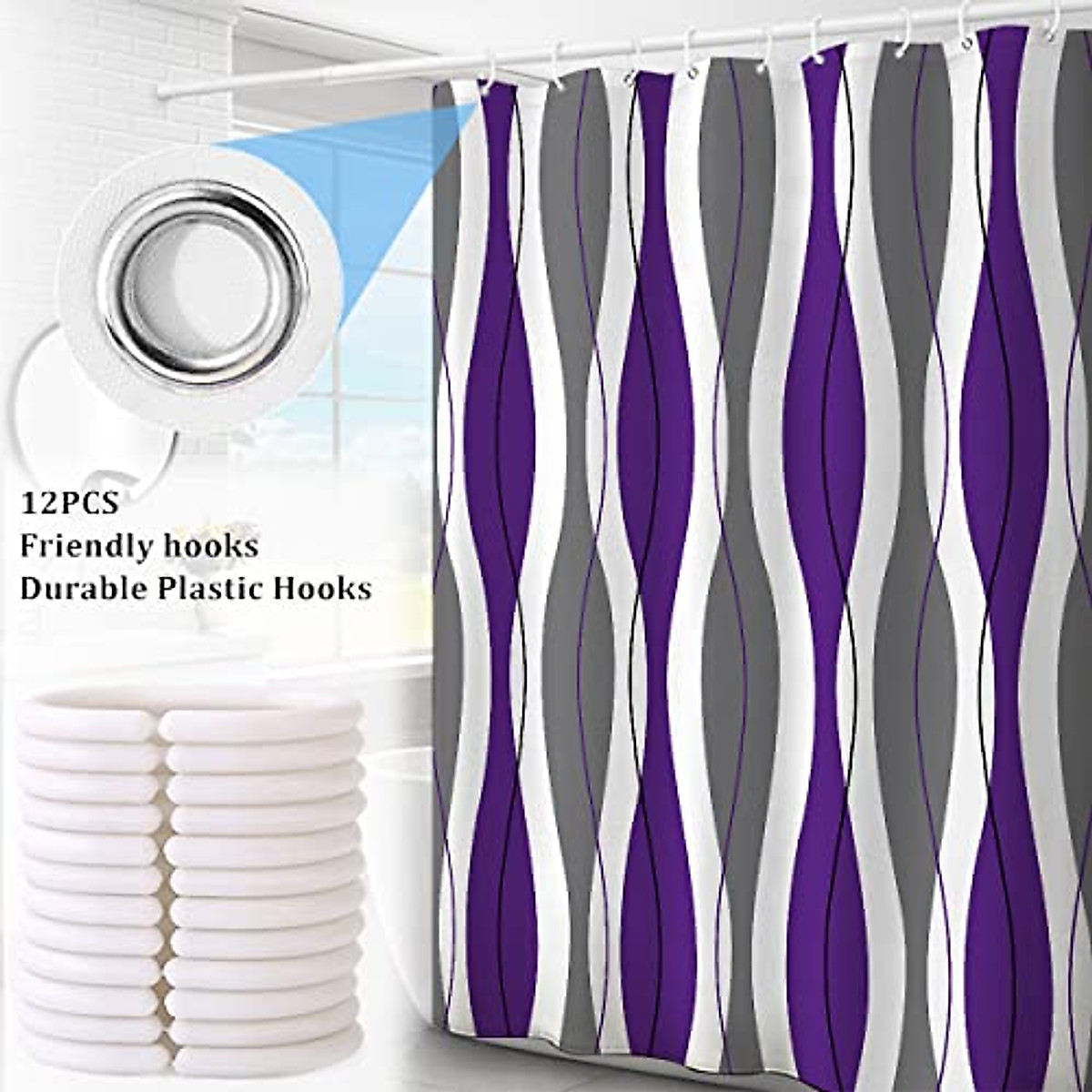 Izayoi 4 Pcs Geometric Shower Curtain Sets Non-Slip Rugs Bath Mat, Toilet Cover, U-Shaped Mat, Abstract Modern Shower Curtain with 12 Hooks, Purplre Bathroom Set