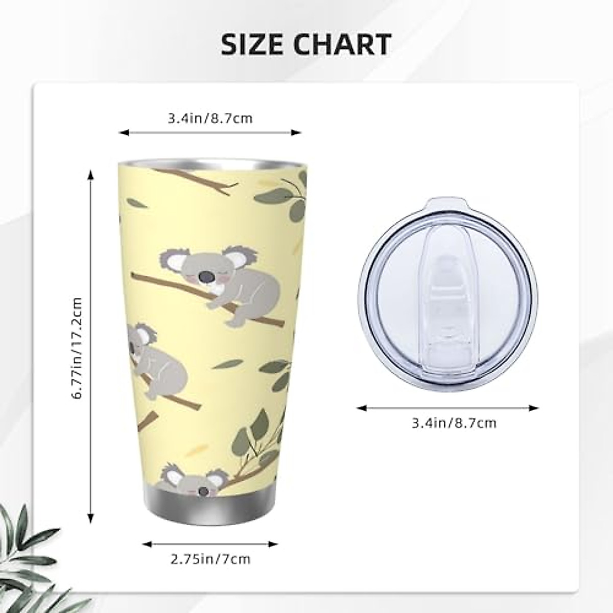 AYCZN Cartoon Koala Leaves 20 OZ Tumbler Stainless Steel Travel Coffee Mug, Cute Insulated Water Bottle with Lid and 2 StrawsLeakproof Thermal Cup