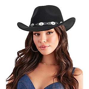 Classic Western Cowboy Hat for Women and Men Roll Up Wide Brim Felt Fedora Hats Cowgirl Hat with Belt Buckle Black
